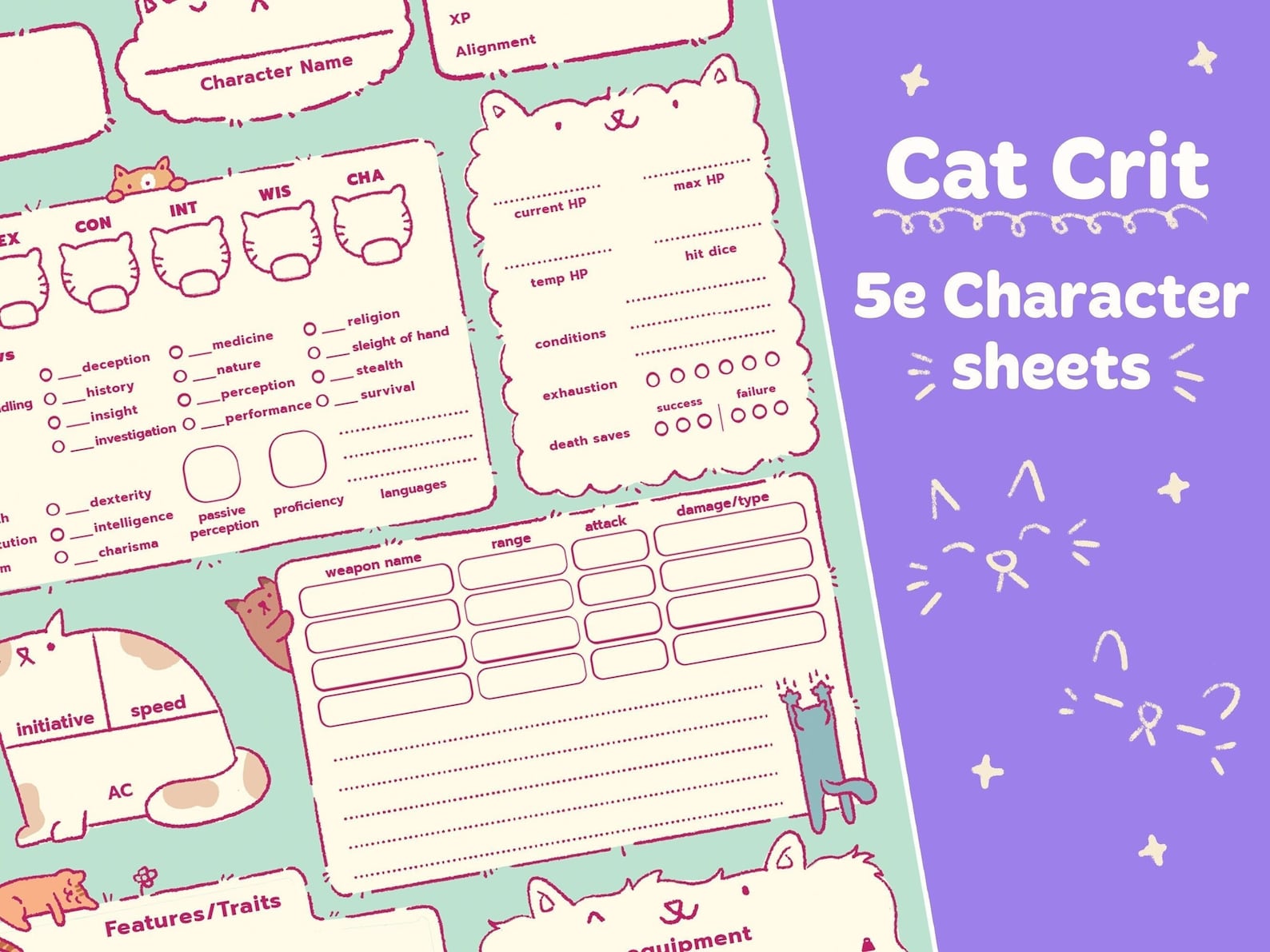 Cat Crit Dnd 5e Character Sheets PDF Digital File Printable A4 Size ...
