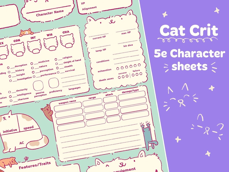 Cat Crit Dnd 5e Character Sheets PDF Digital File Printable A4 Size - Etsy