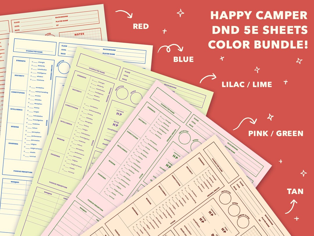 Happy Camper 5 Color Bundle Dnd Sheets Printable PDF - Etsy