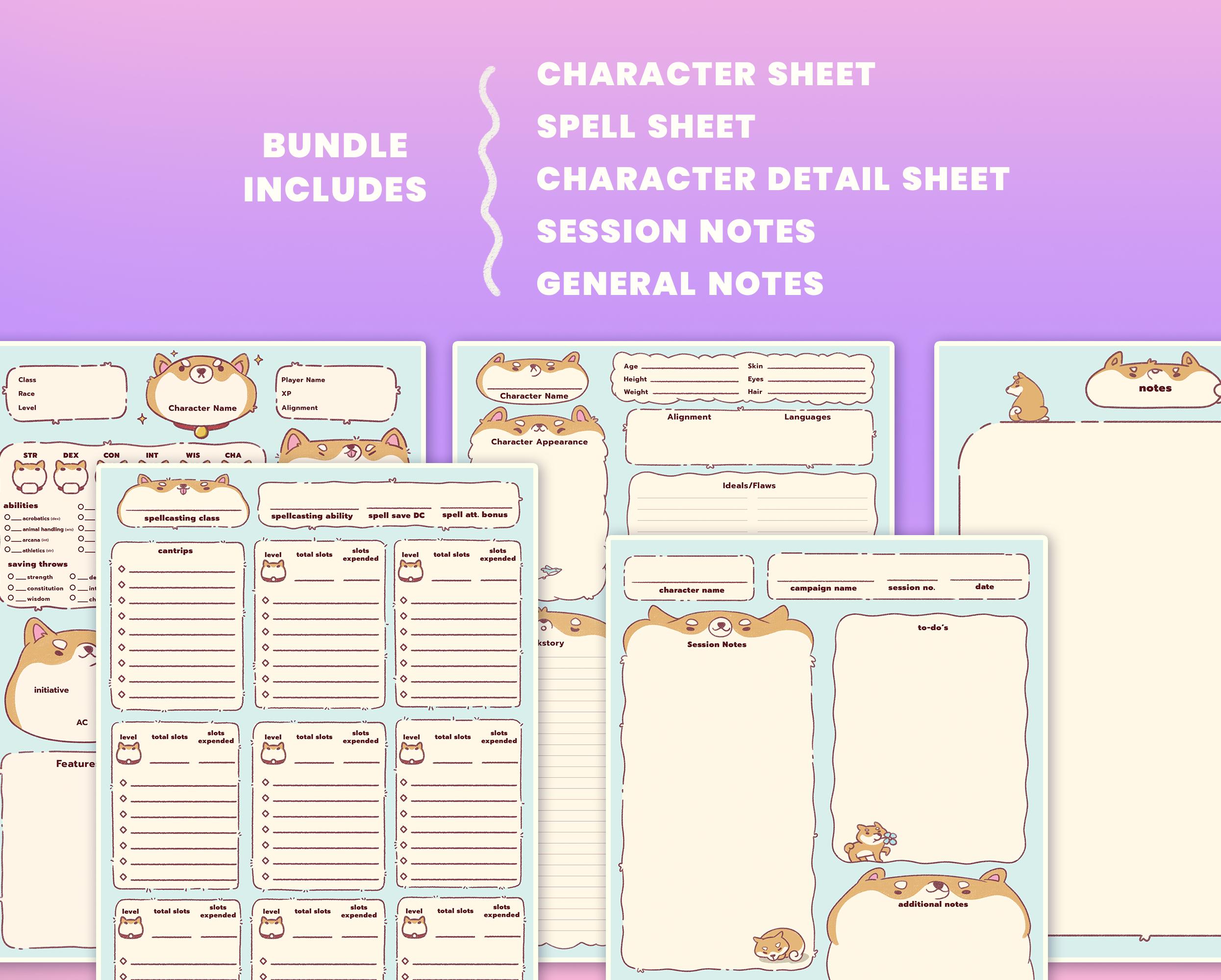 Shiba Crit Cute Dnd 5e Character Sheets | A4 and Letter Size PDF ...
