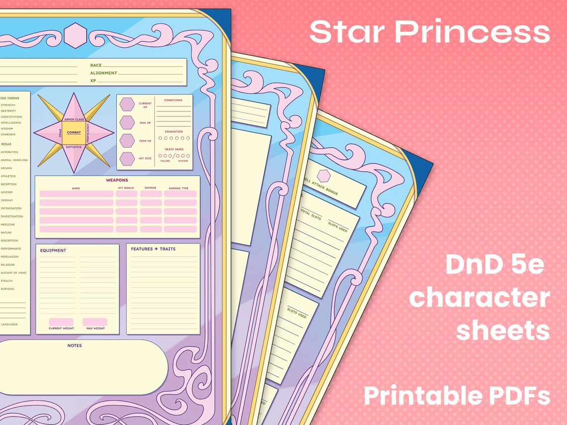 Star Princess Dnd 5e Character Sheets PDF Printables - Etsy