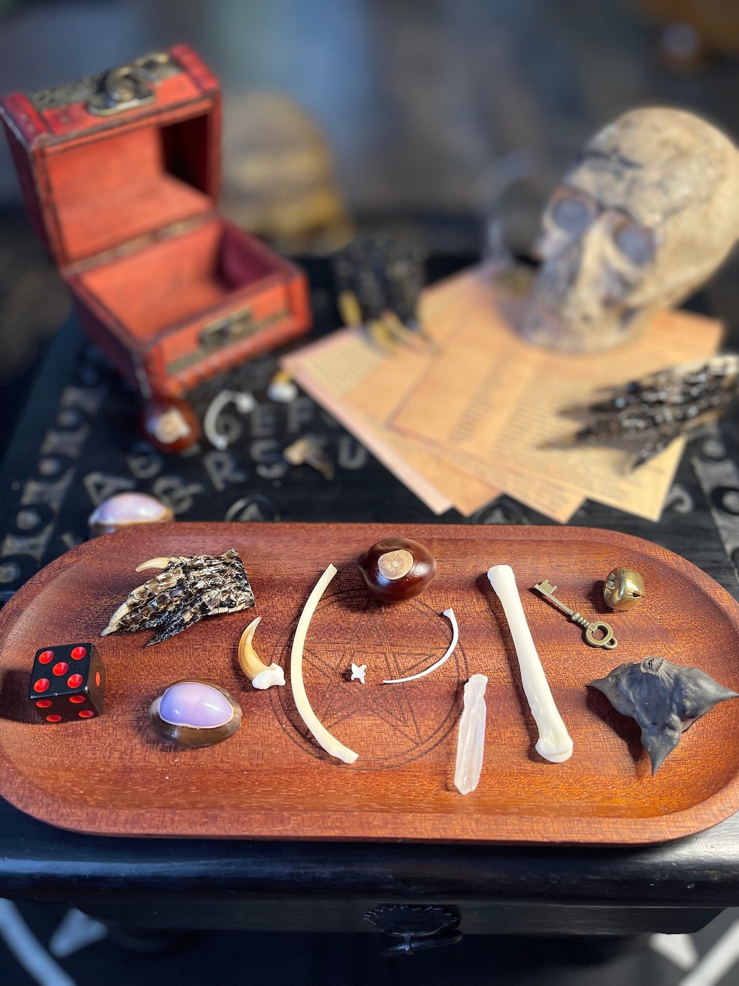 Bone Throwing Set W/ Wooden Storage Box, Information Cards+rabbit Fur ...