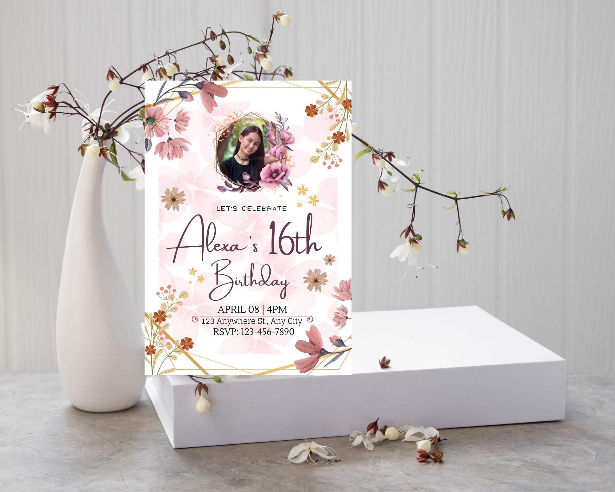Editable Invitation, Minimalist Invitation, Simple Flowery Party Invite ...