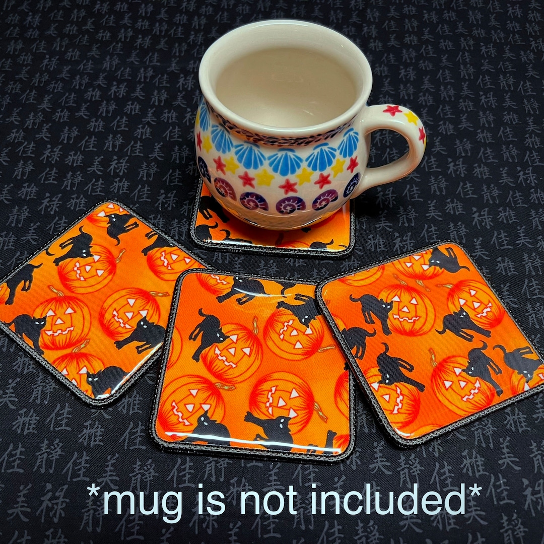 Set of Four Halloween Cats and Pumpkins Coasters, Seasonal Coasters ...
