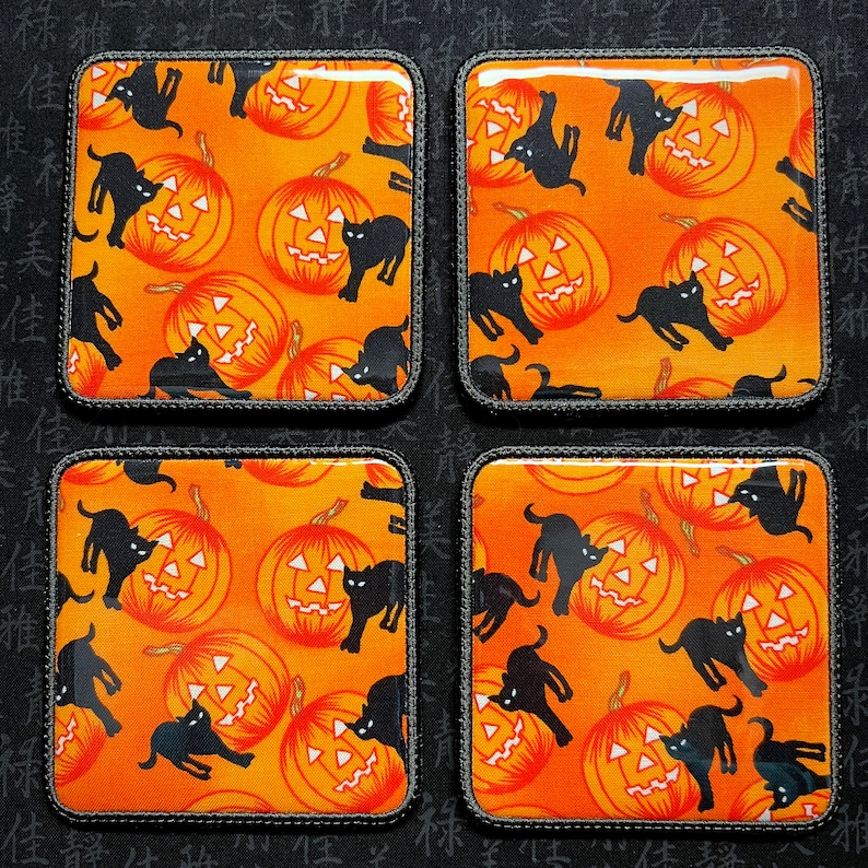 Set of Four Halloween Cats and Pumpkins Coasters, Seasonal Coasters ...