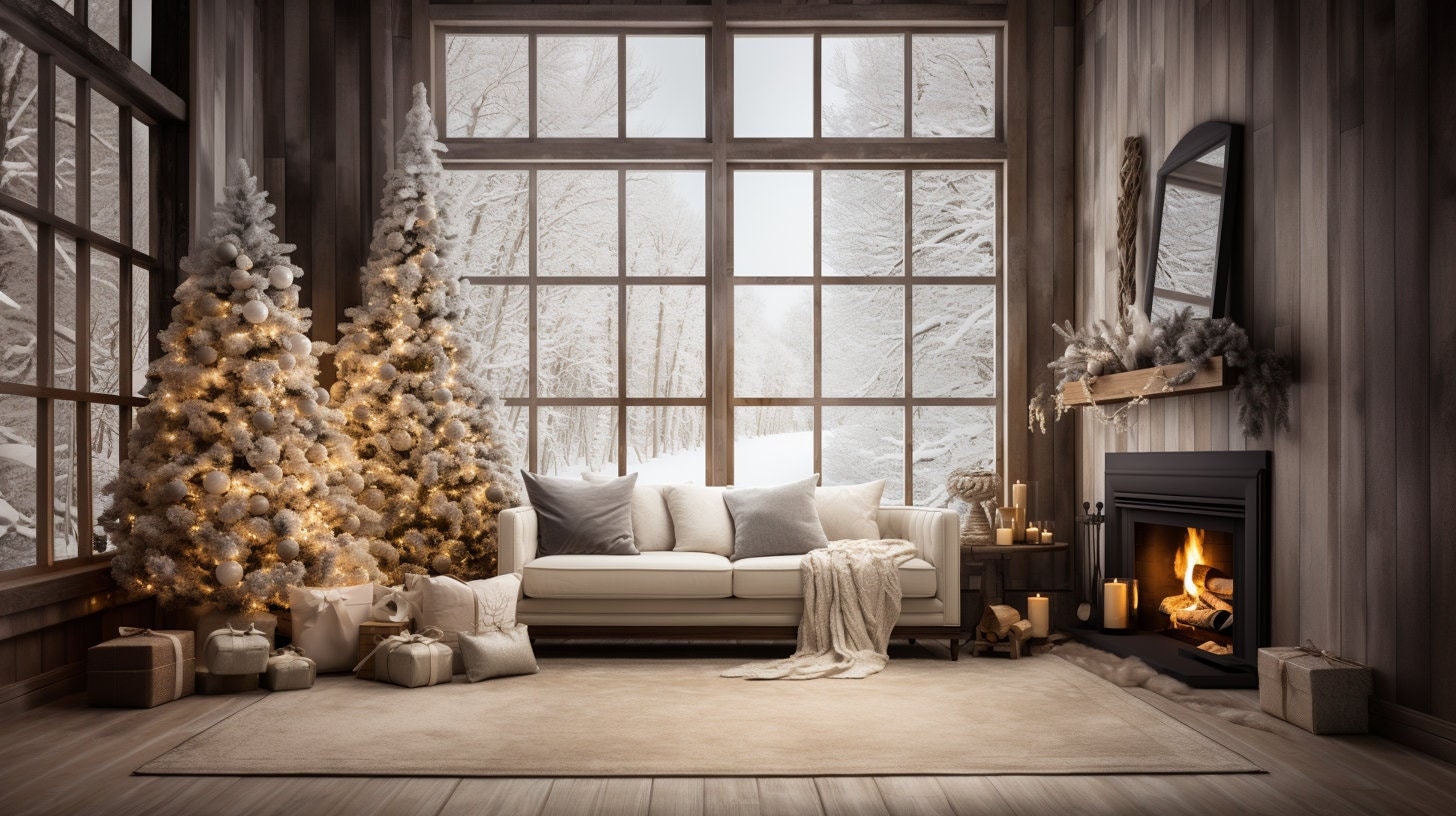 Modern Christmas Home Digital Backdrop, Cozy Christmas Digital Backdrop ...