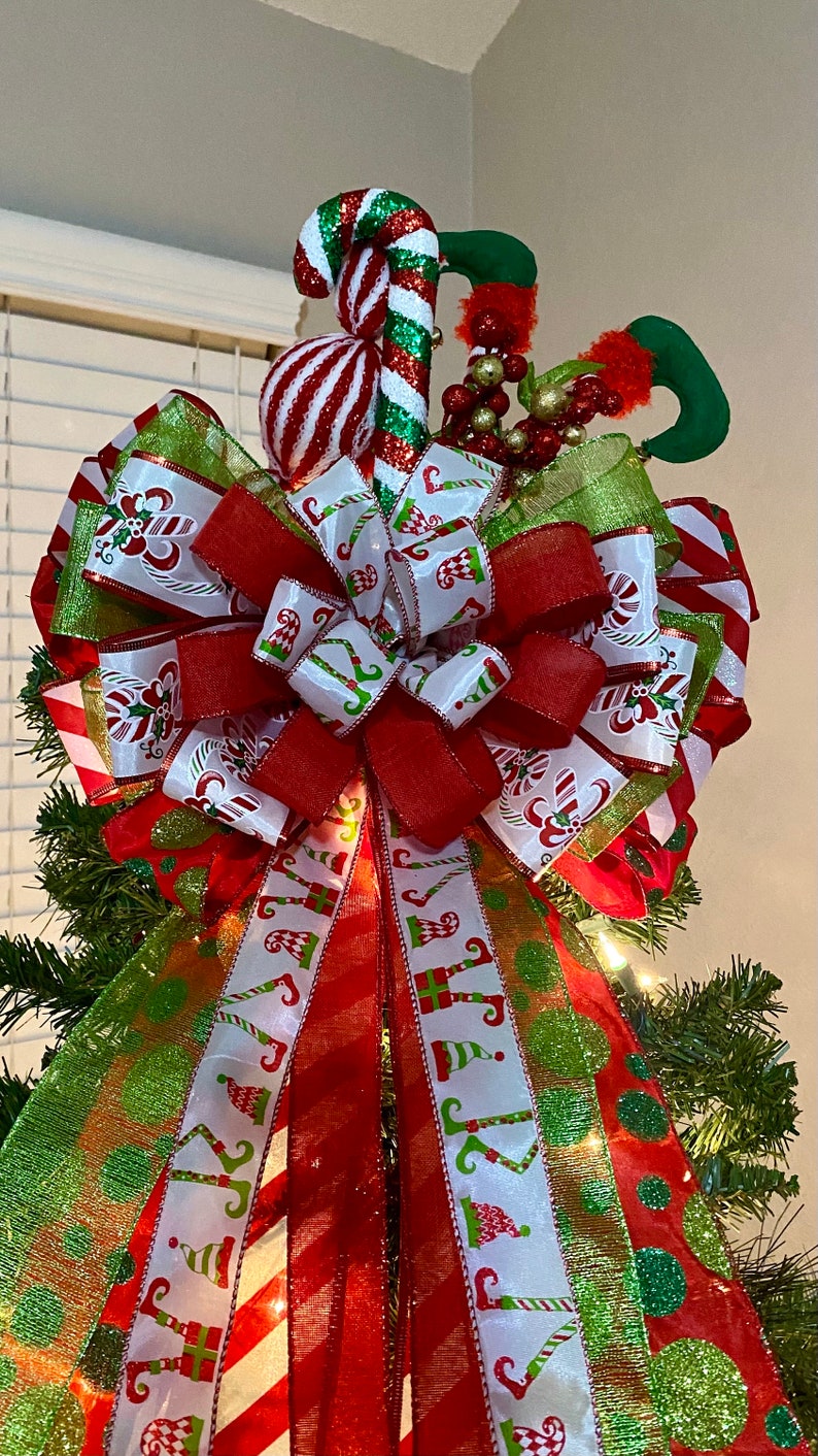 Candy Cane Elf Christmas Tree Topper Bow - Etsy