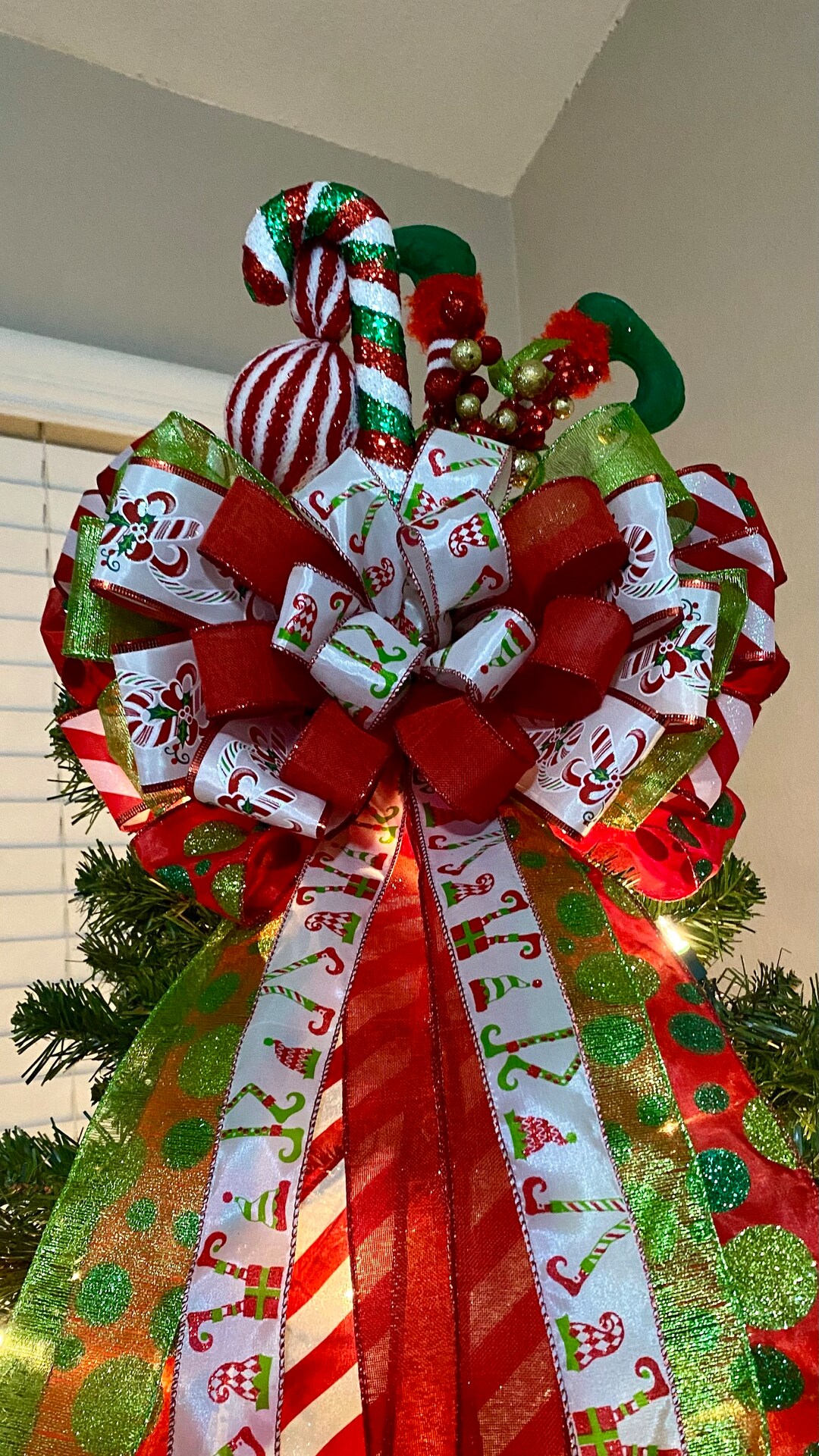Candy Cane Elf Christmas Tree Topper Bow - Etsy