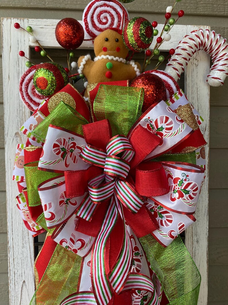 Gingerbread Christmas Tree Topper: Candy Cane Bow, Holiday Decor - Etsy