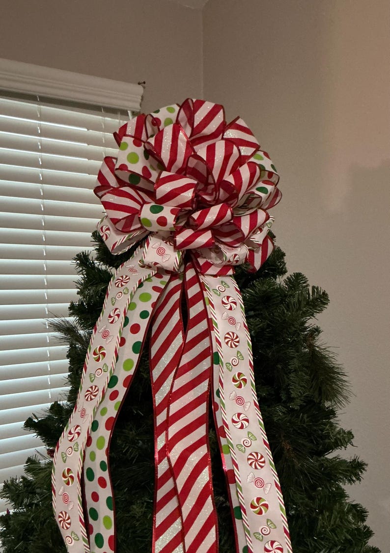 Candy Cane Christmas Tree Bow Topper: Wired Ribbon Wreath Decor - Etsy
