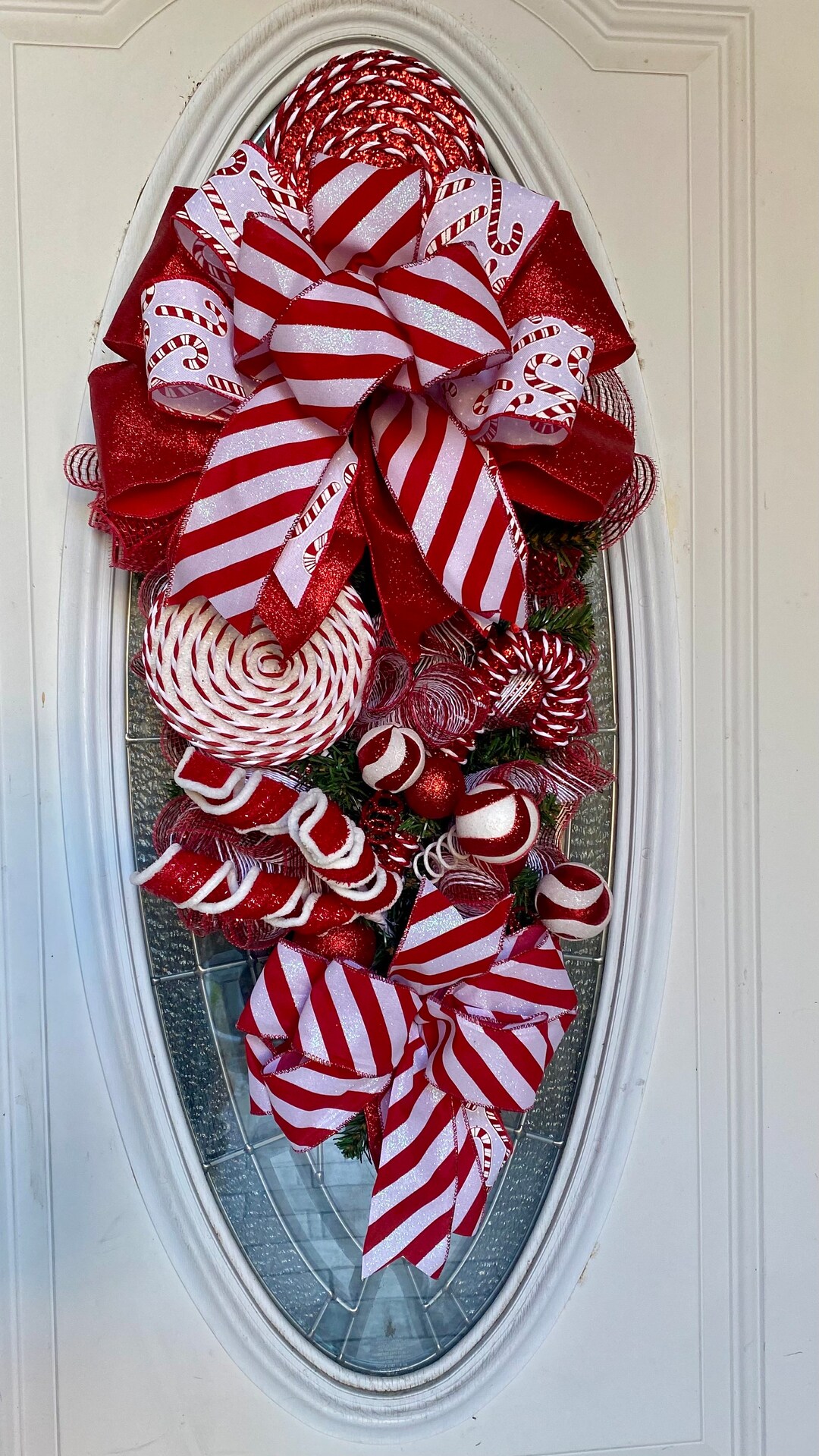 Candy Cane Teardrop Swag, Christmas Front Door Swag - Etsy