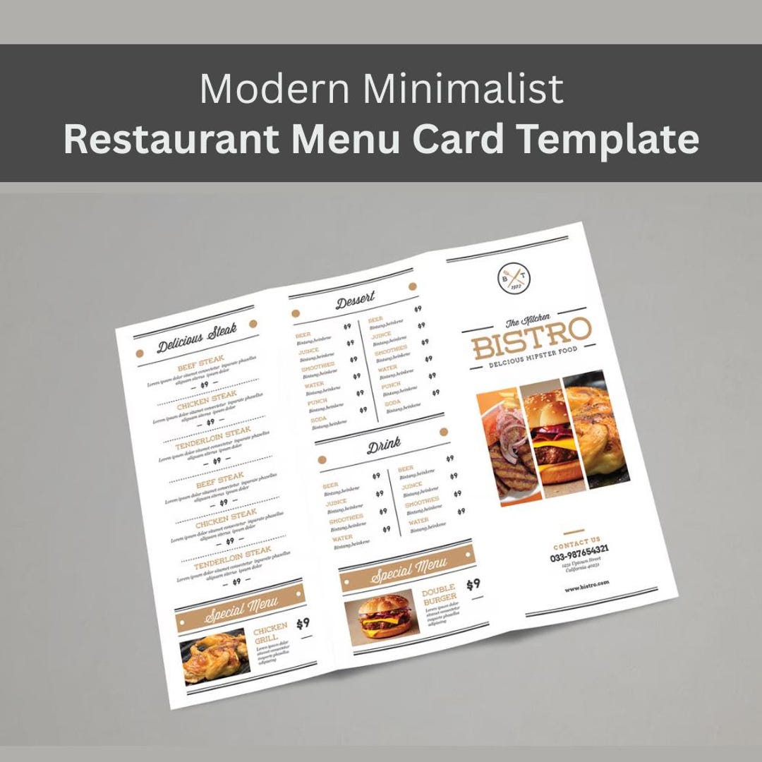 Trifold Minimalist Menu Card Design - Restaurant Menu Card Template ...