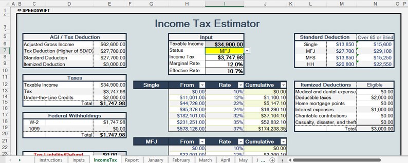 2024 Income Tax Estimator and Budgeting Excel Spreadsheet - Etsy