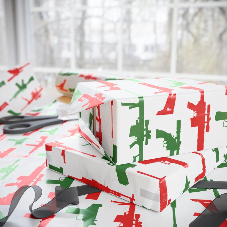 Gun Wrapping Paper, Christmas Colors, Gun Silhouette Gift Wrap, Firearm ...