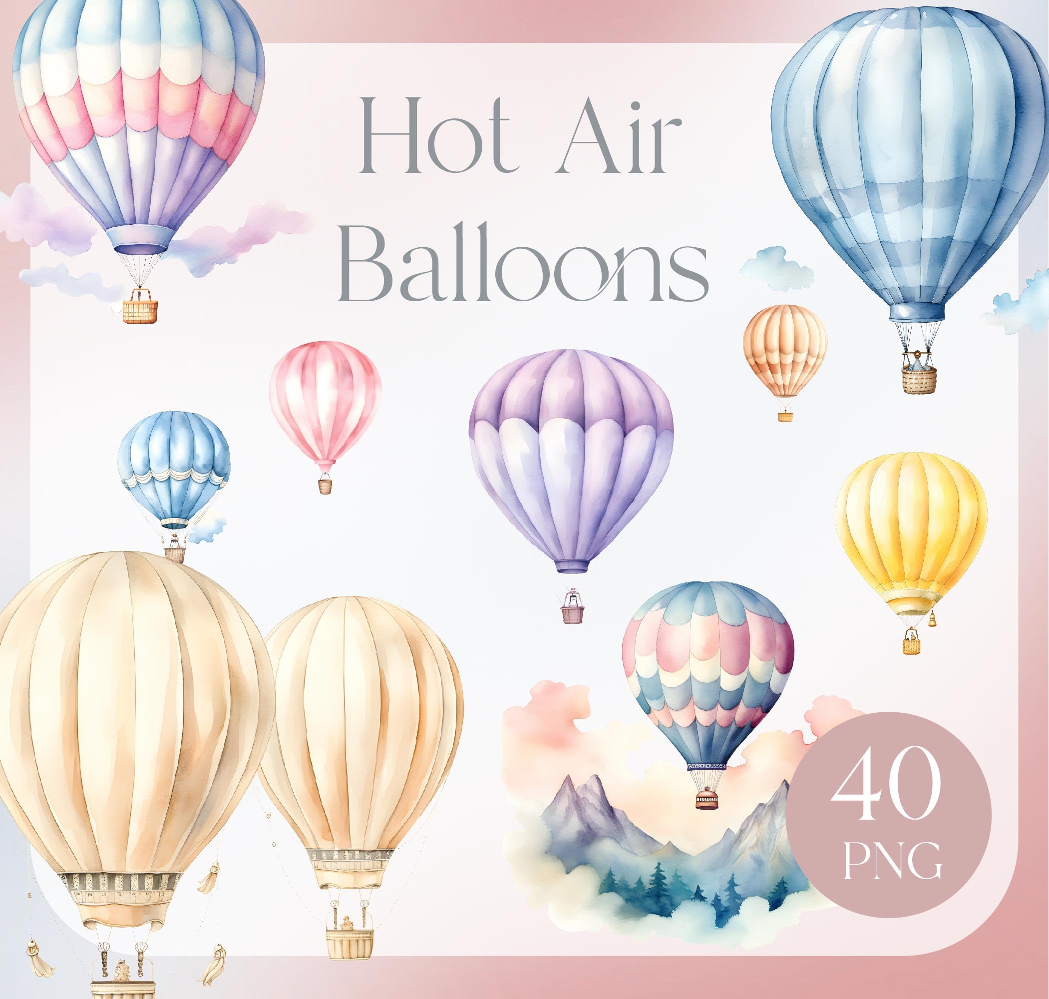 Watercolor Hot Air Balloon Clipart: Pastel Nursery Art (PNG Download ...
