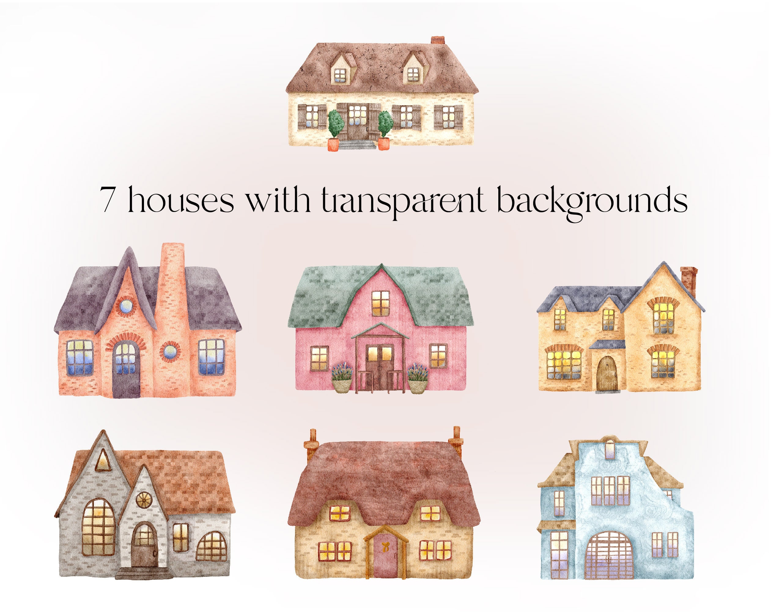 Cute Watercolor House Clipart Bundle, Farmhouse Clipart, Housewarming ...