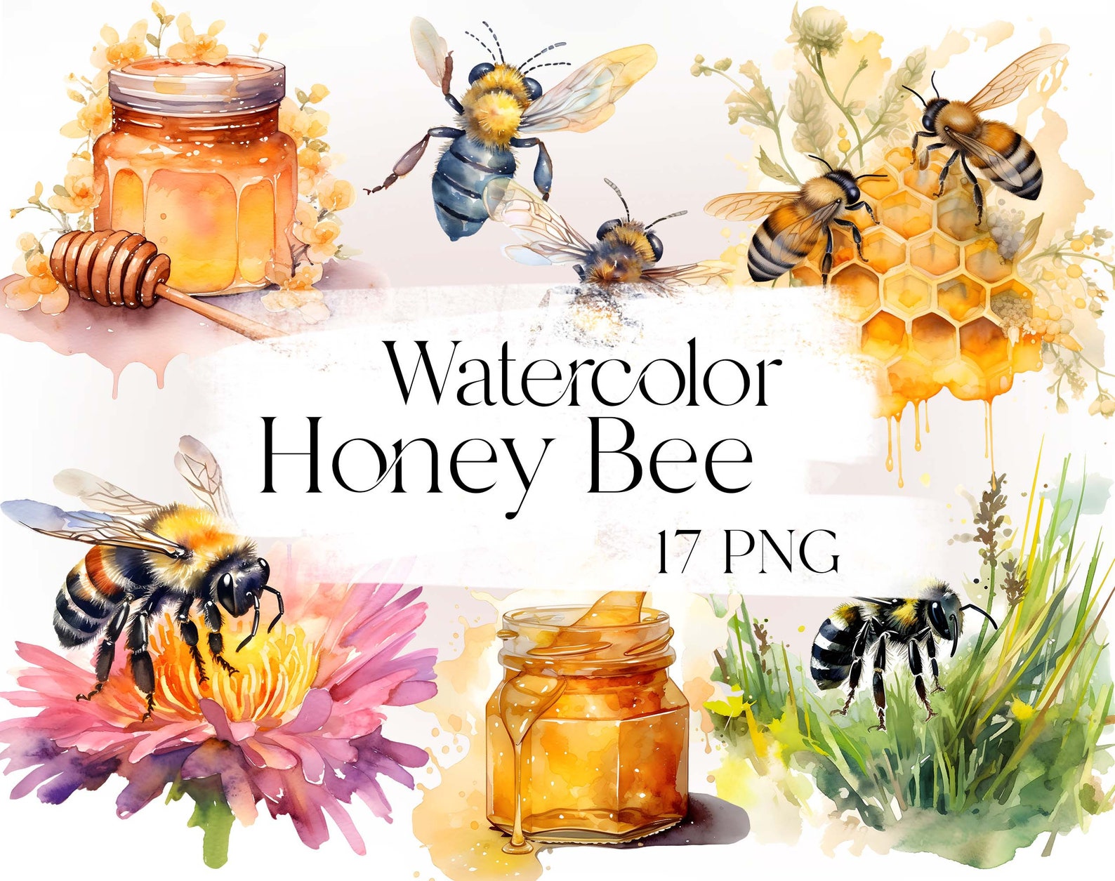 Watercolor Honey Bee Clipart PNG Summer Clipart Bumble Bee PNG Honey ...
