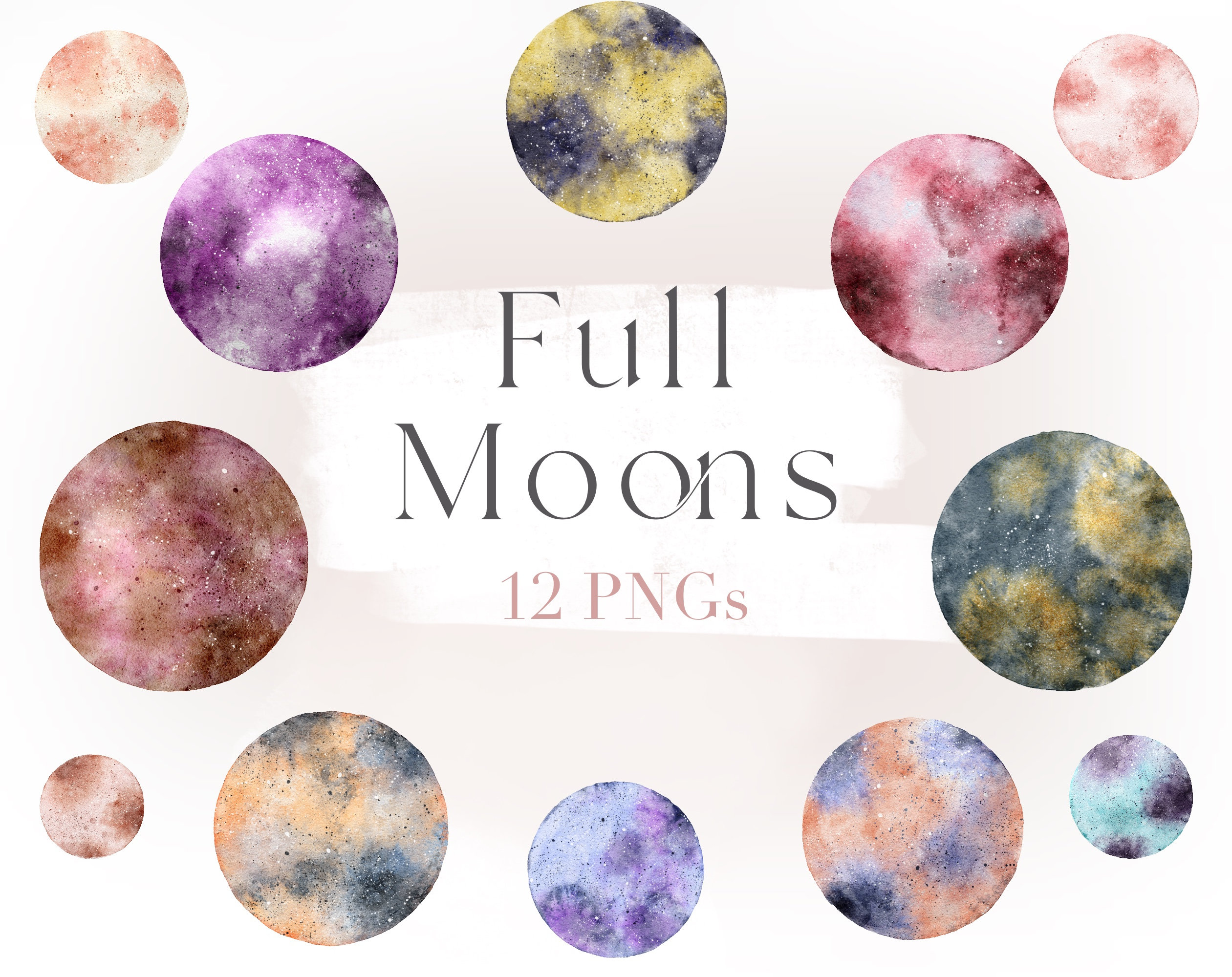 12 Full Moon Clipart, Watercolor Moon Clipart, Boho Moon PNG ...