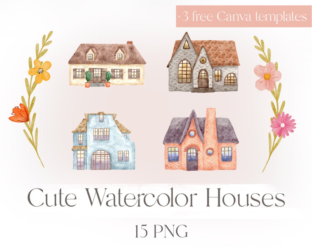 Cute Watercolor House Clipart Bundle, Farmhouse Clipart, Housewarming ...