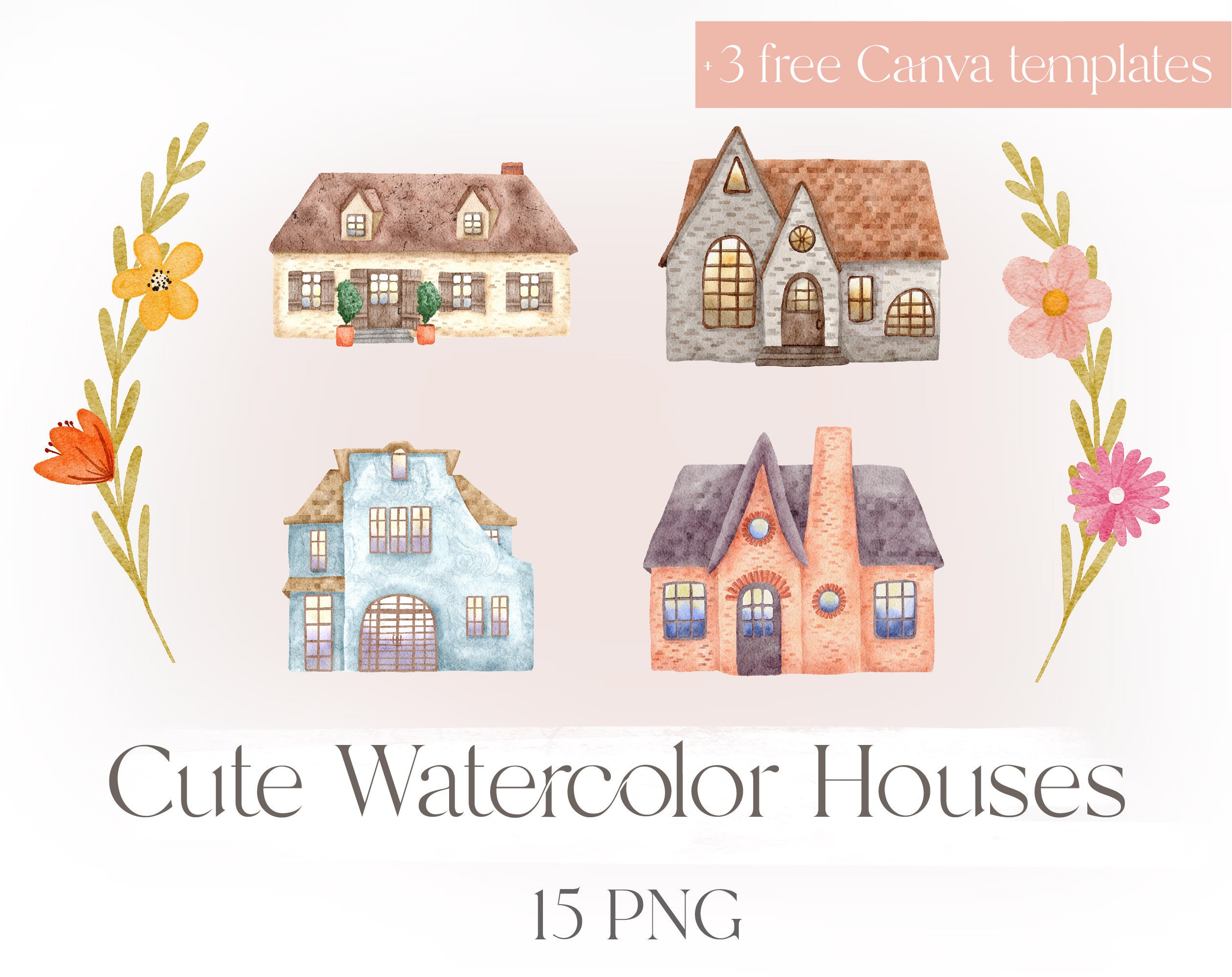 Cute Watercolor House Clipart Bundle, Farmhouse Clipart, Housewarming ...