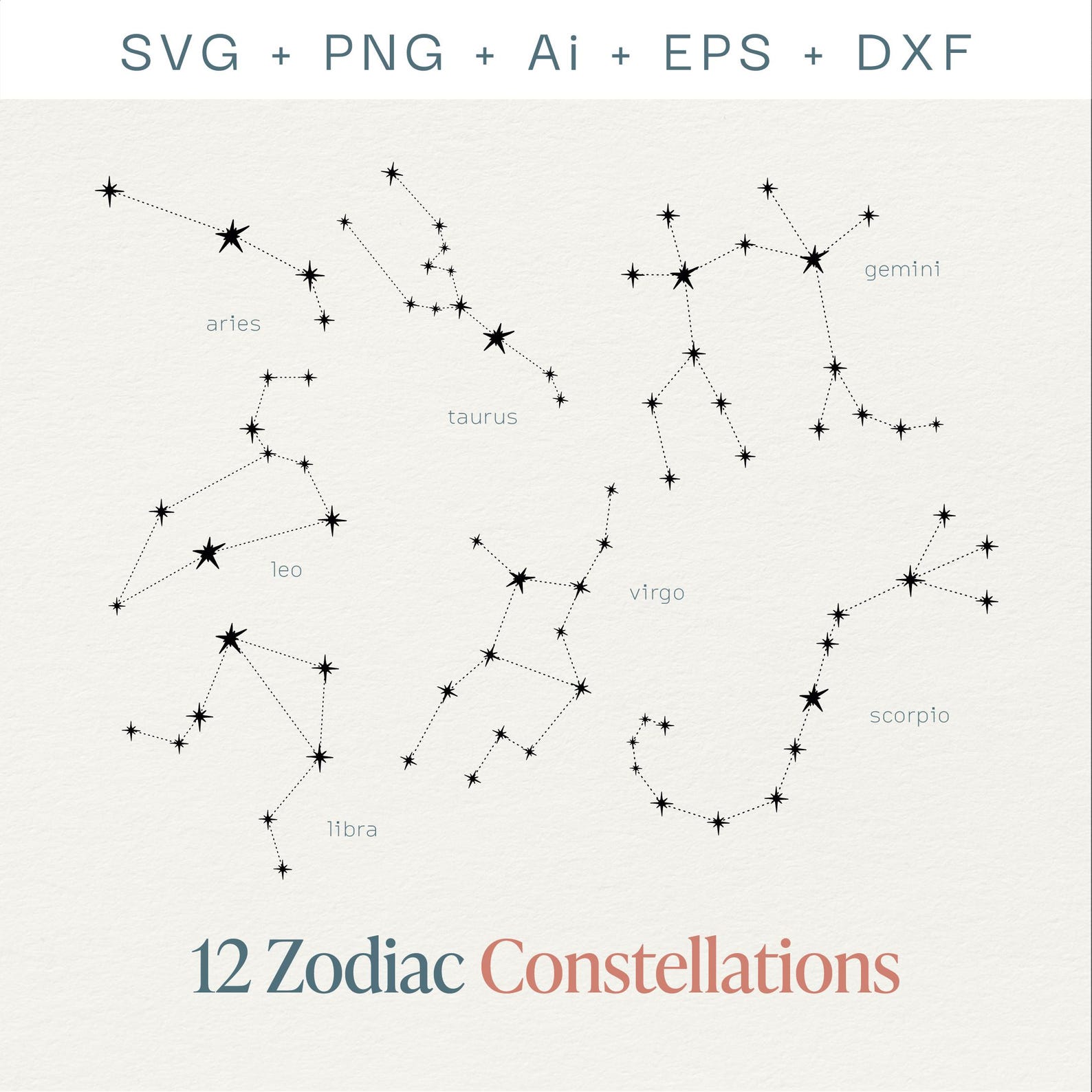 Zodiac Constellations SVG Bundle | Astrology Clipart (PNG, Ai, EPS, Dxf ...