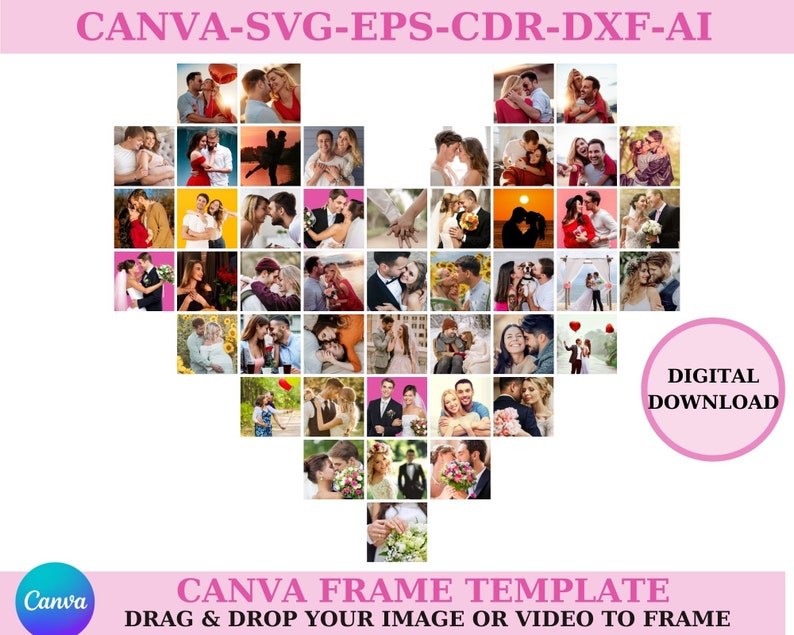 Heart Photo Collage Canva Template - Canva Frame Template Cdr - Ai ...