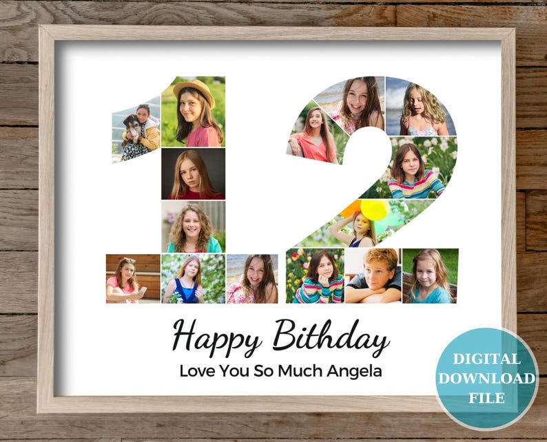 12th Birthday Photo Collage Template | Number 12 Collage | Custom Gift ...
