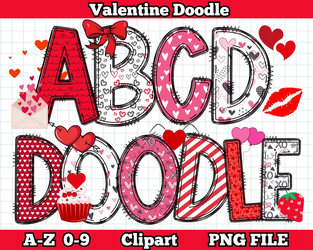 Valentine Doodle Alphabet Clipart, Hand Drawn PNG Letters and Numbers ...
