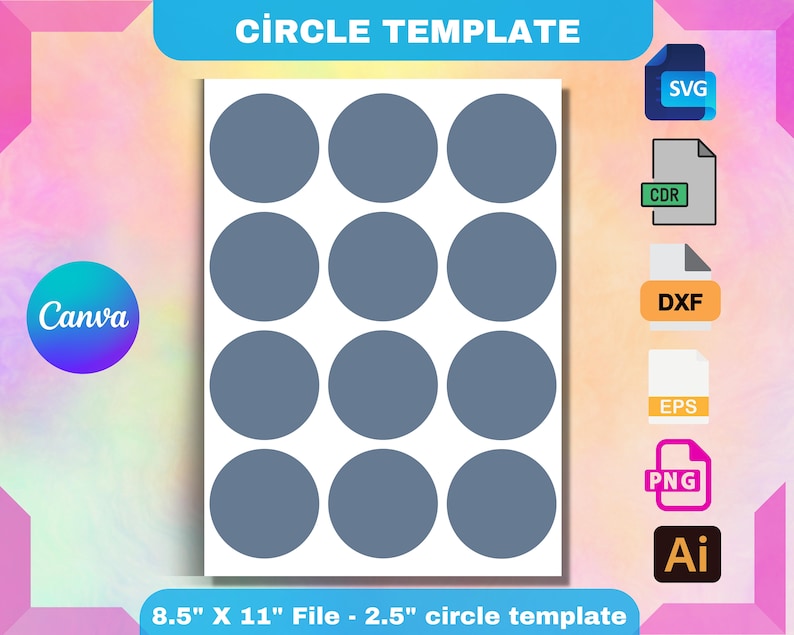 2.5" Circle Template, Multipurpose Labels Template, SVG, Canva, DXF ...