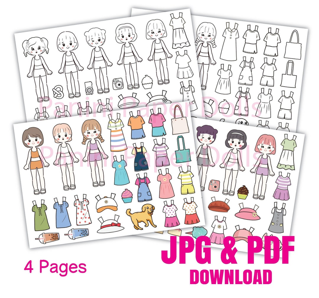 Kawaii Paper Doll Coloring Pages: Printable Outfit Designs (digital ...