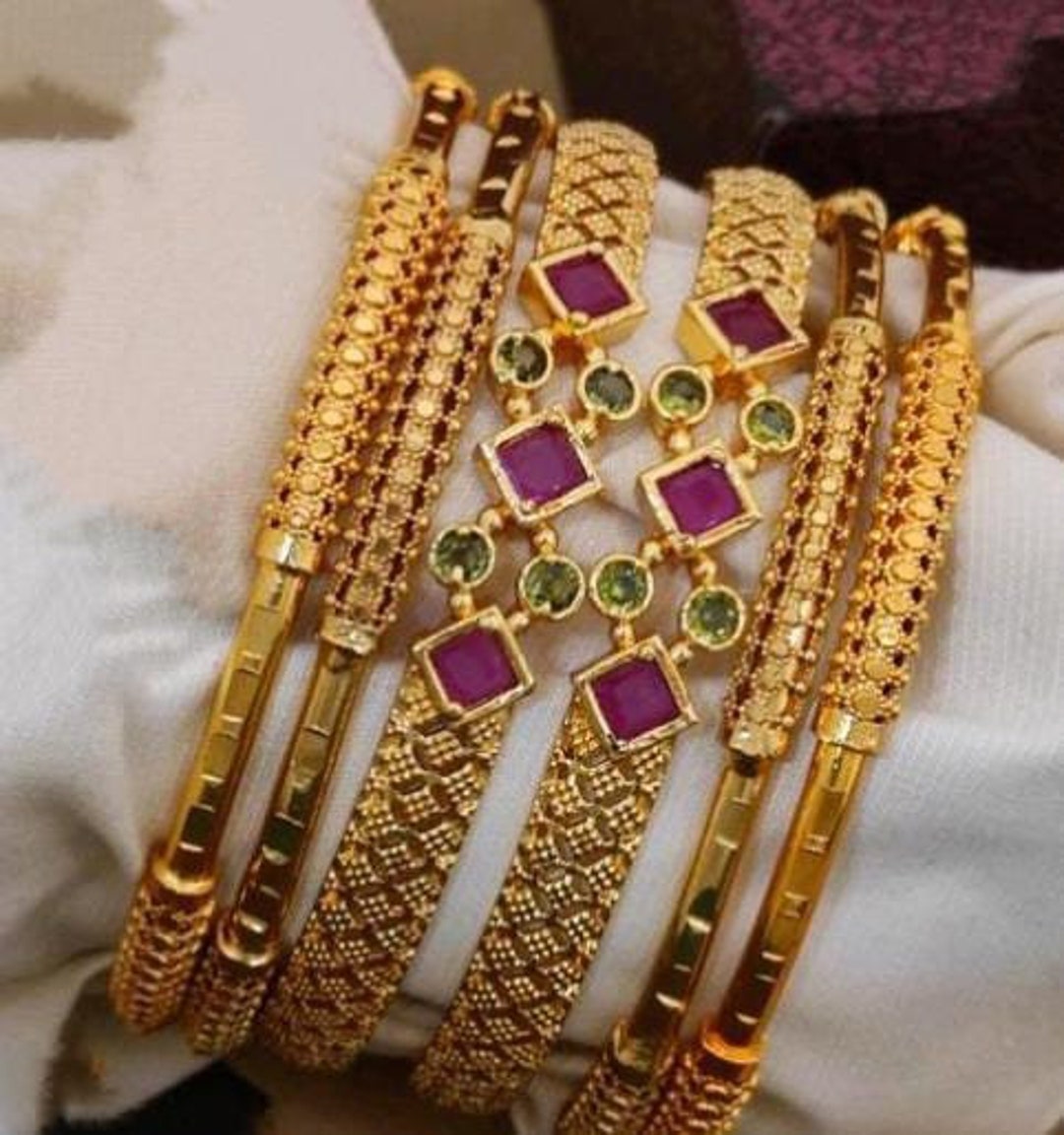 Ruby Stone 6 Indian Bangles Set, 22k Gold Plated Bangles, Traditional ...