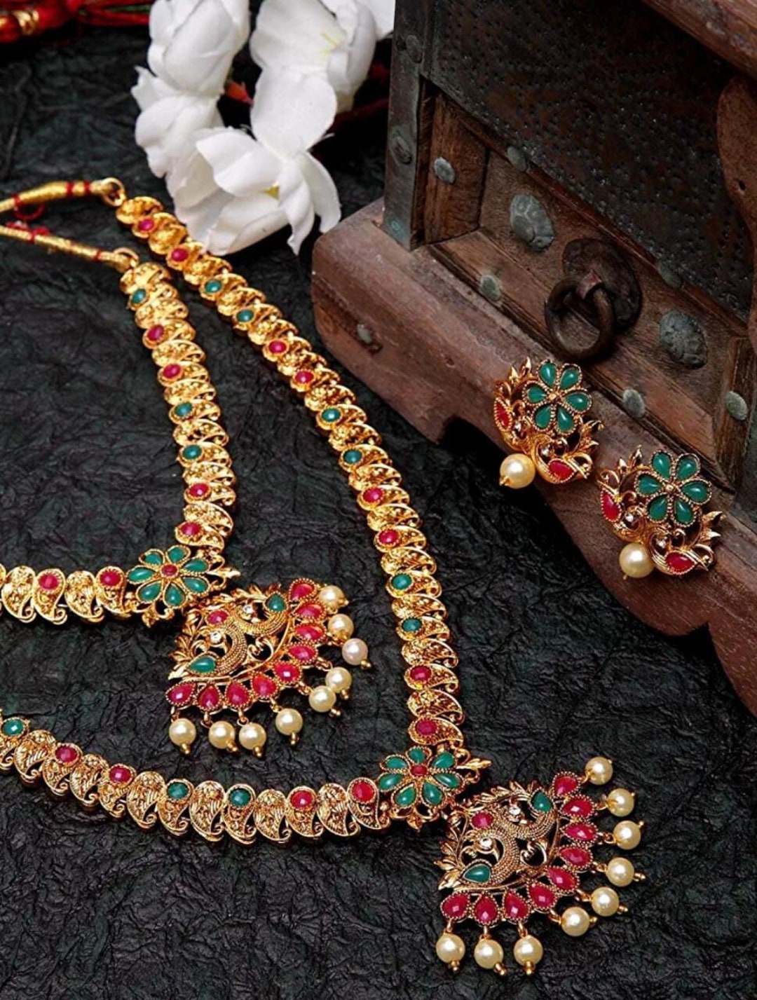 Antique Gold Matte Finish Long Haram Temple Choker Necklace Set ...