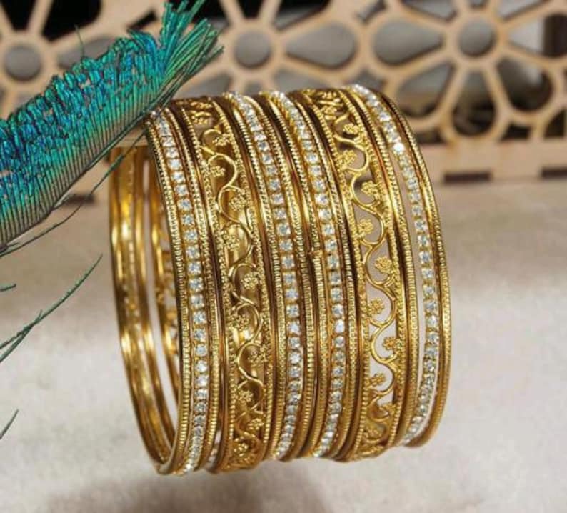 White Stone Gold Metal Oxidised Bangles Set, Golden Chudiya, Ethnic ...