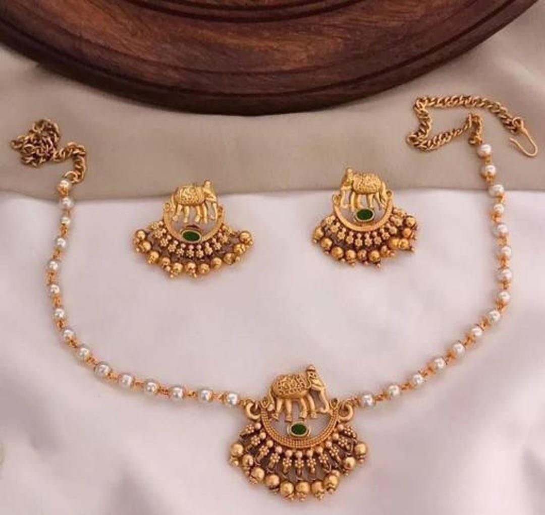 Elephant Pendant Long Pearls Chain Gold Finish Necklace Set, Earrings ...