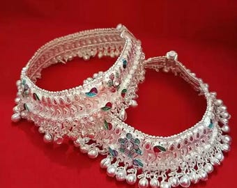 Silver Caual Anklet Kada Pair / Ghungroo Payal/ Bollywood Jaipuri ...