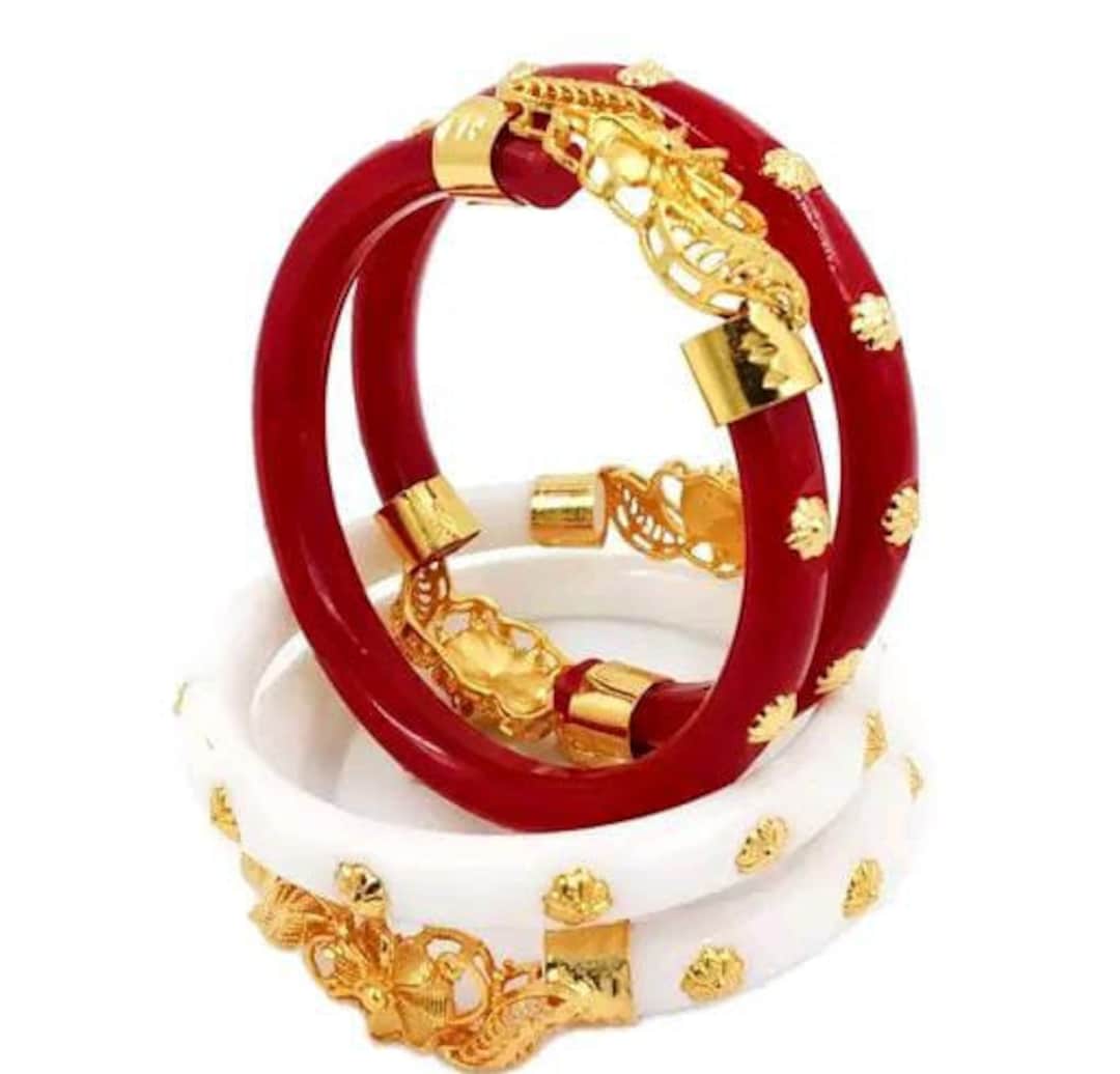 Artisanal Bengali Gold Binding Bangles, Shakha Pola Bangles, Red White ...