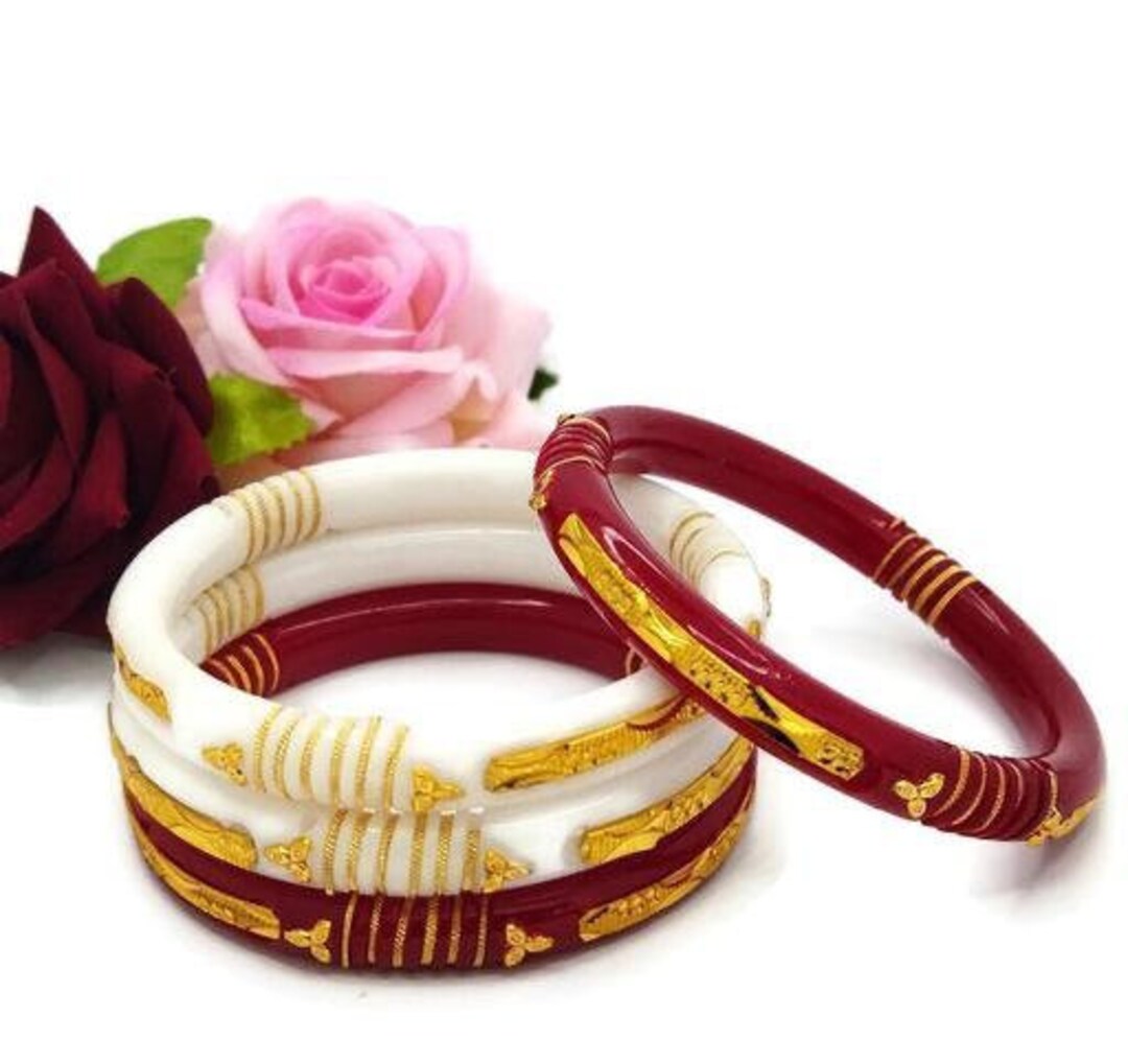 Sabysachi Bengali Gold Binding Bangles, Shakha Pola Bangles, Red White ...