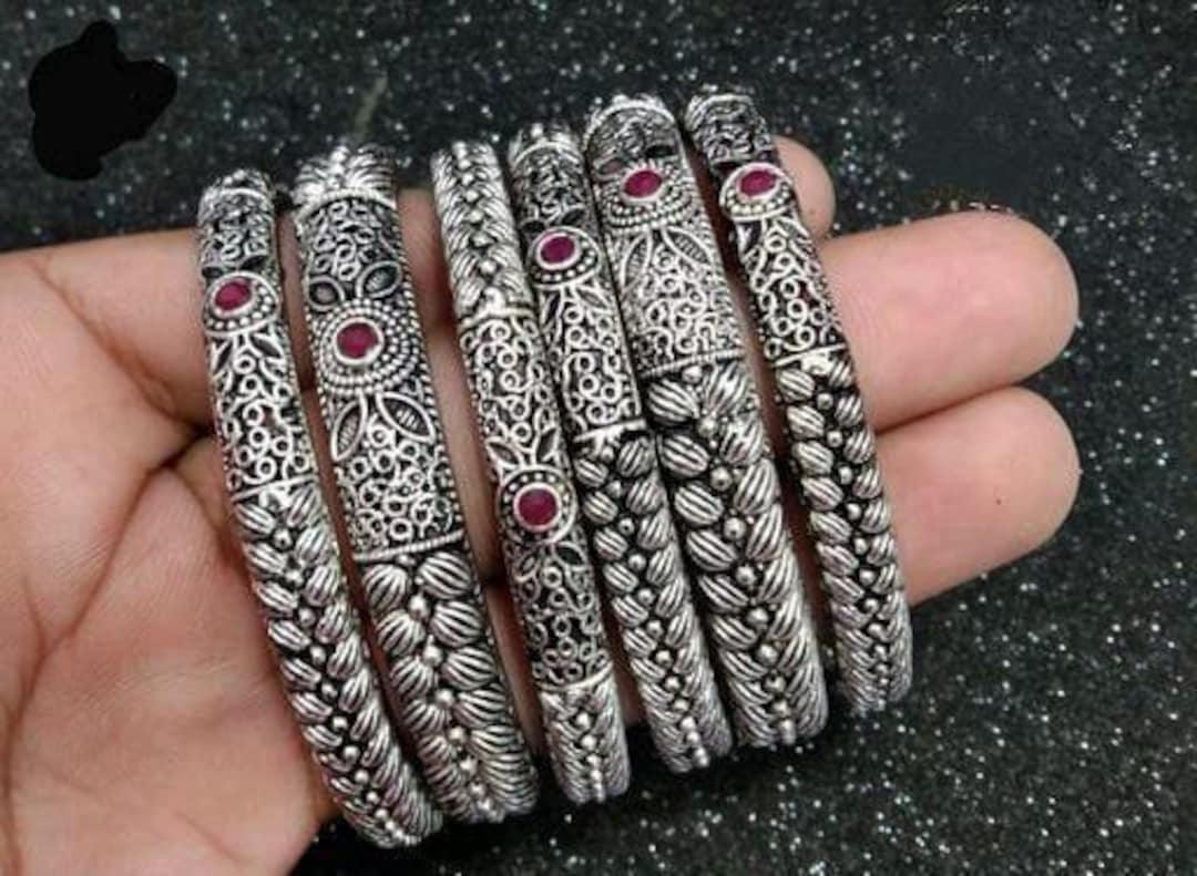 Indian Beautiful Kalamkari 6 Oxidised Silver Bangles Set, Indian Jewelry, Silver Bangles, Indian ...