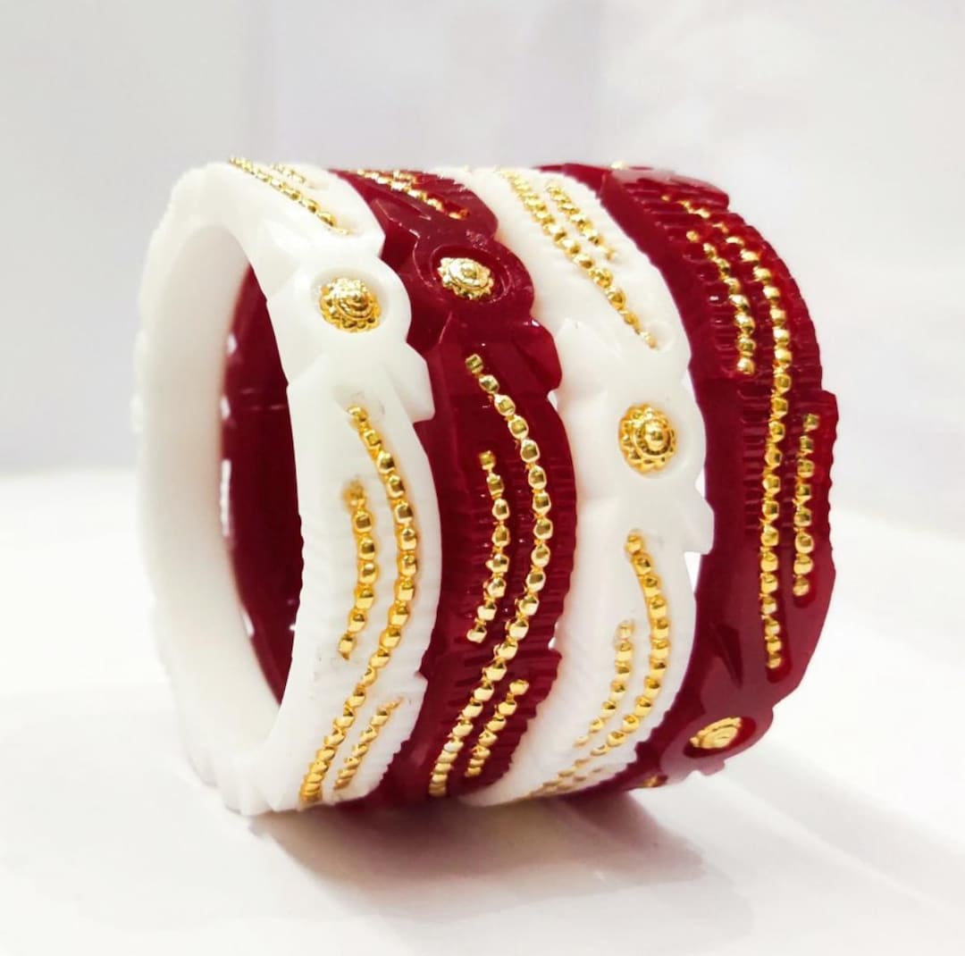 Red White Bengali Gold Binding Bangles, Shakha Pola Bangles, Red White ...