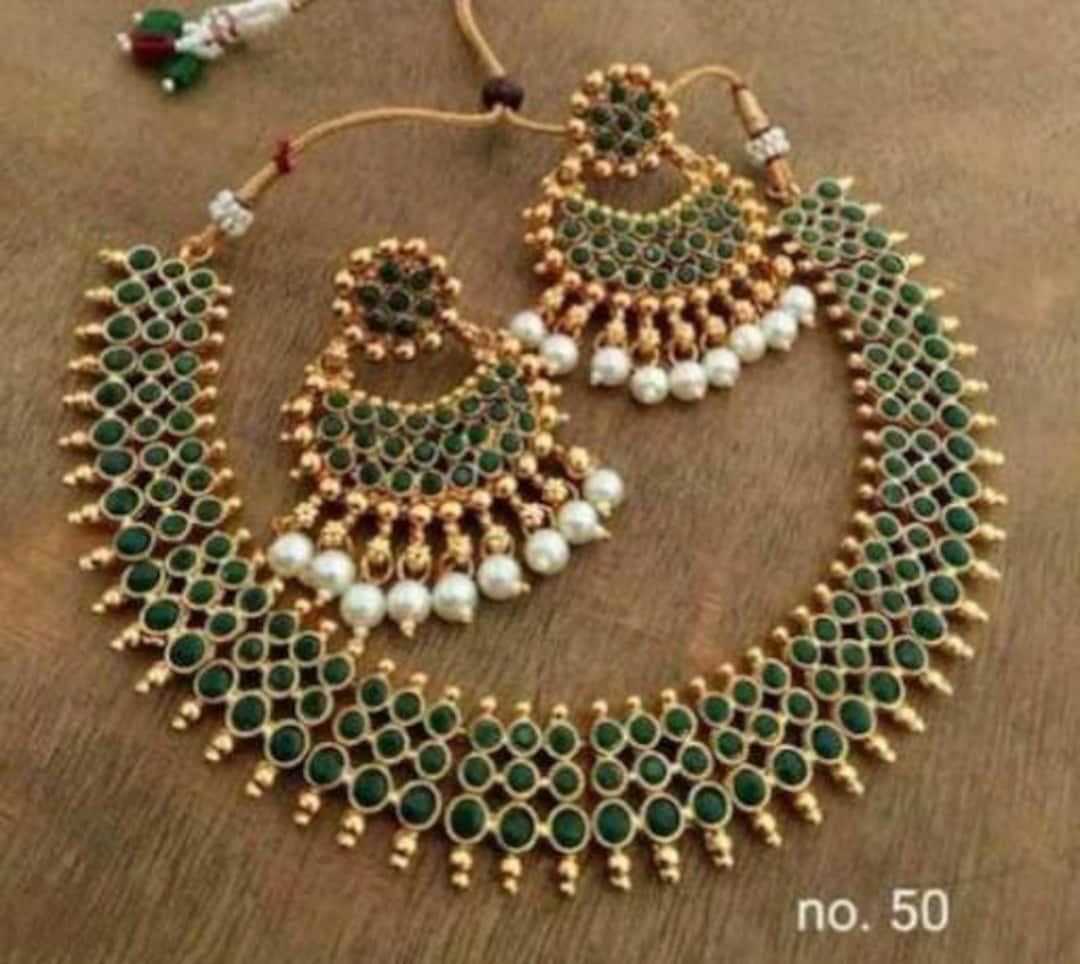 Green Stone Gold Necklace, South Indian Bride Matte Gold Finish Choker ...