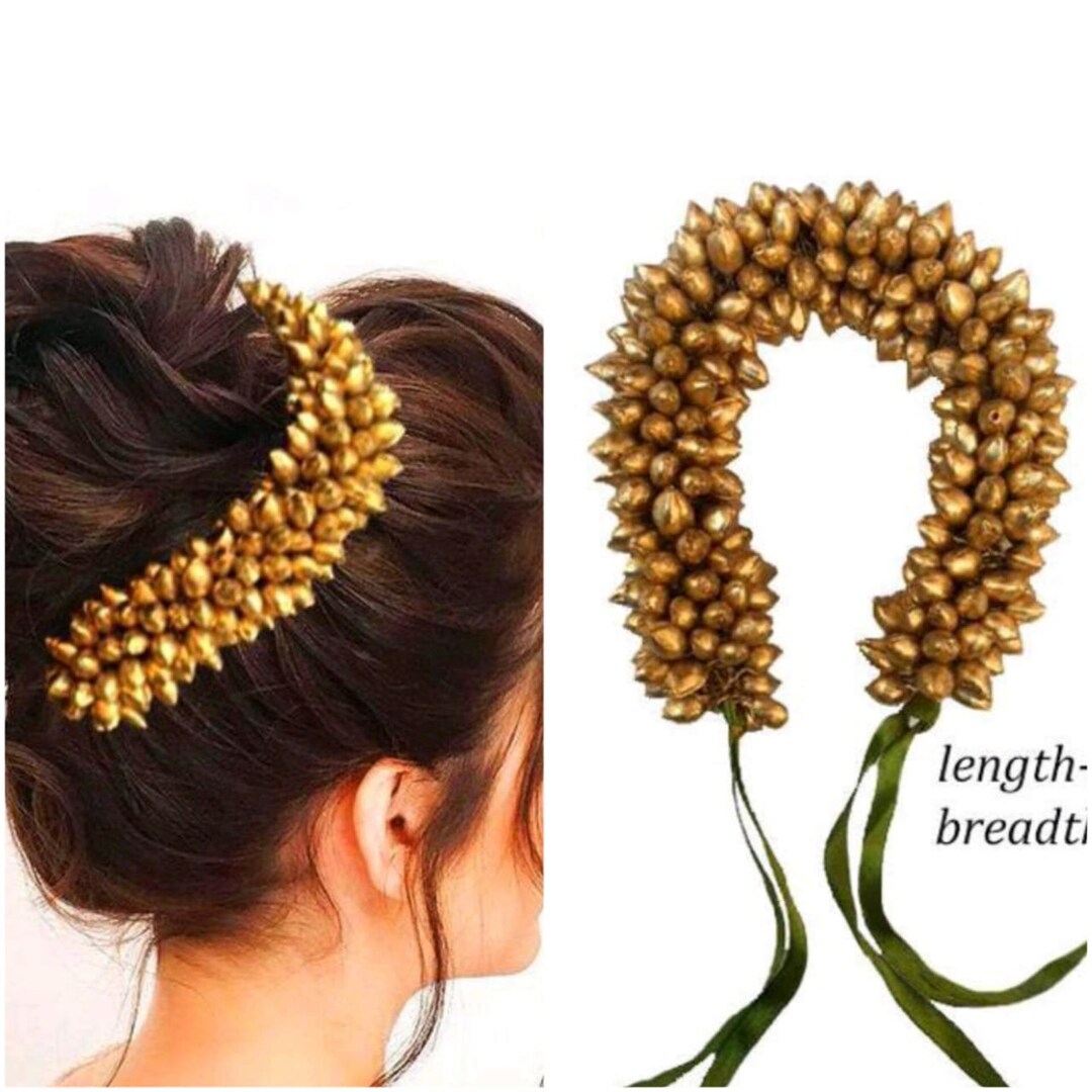 South Indian Jasmine Golden Metal Bride Gajra, Wedding Gajra Bun Holder ...