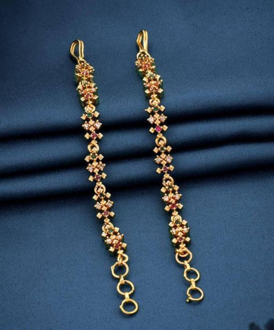 Onegram Gold Plated AD Studded Earchain, Pearls Kundan Long Ear Sahara ...