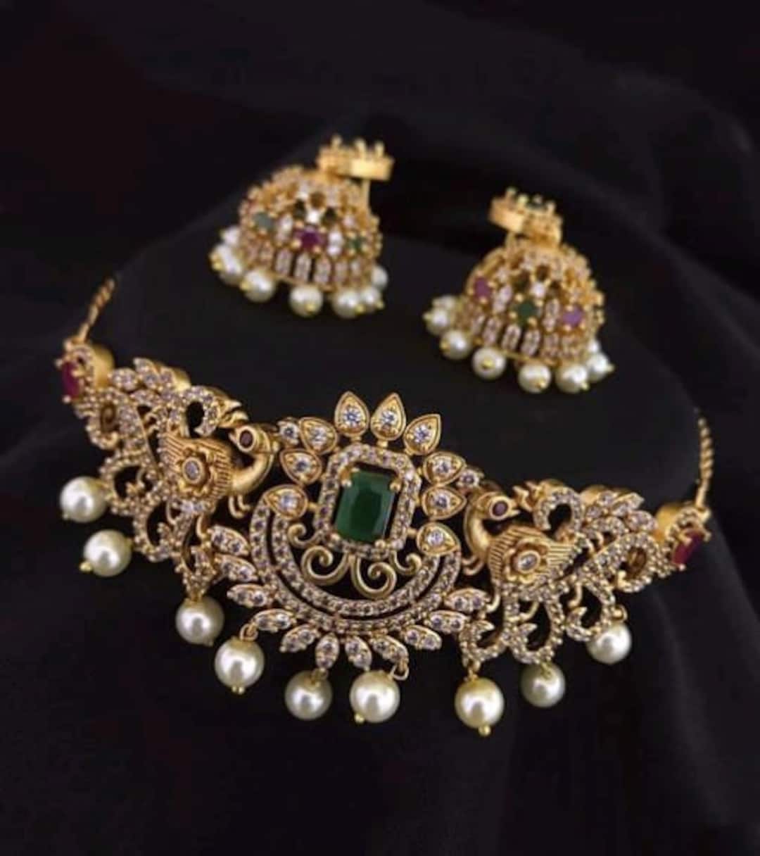 South Indian Bridal Antique Matte Gold Finish Choker Set, Earrings ...