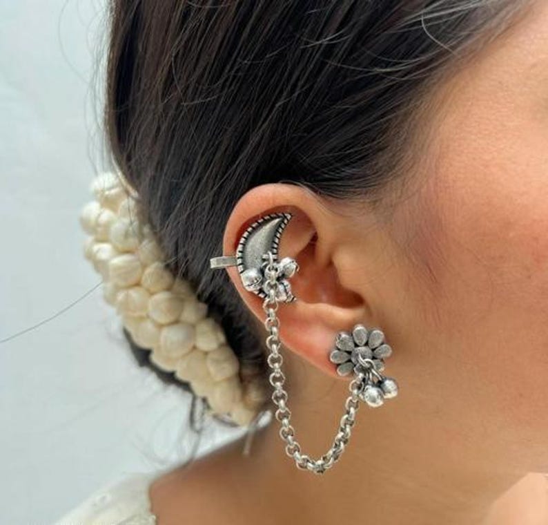 Oxidised Indian Earcuff Jhumka, Indian Floral Silver Ghugru Jhumki, Lound Sound Big Indian ...