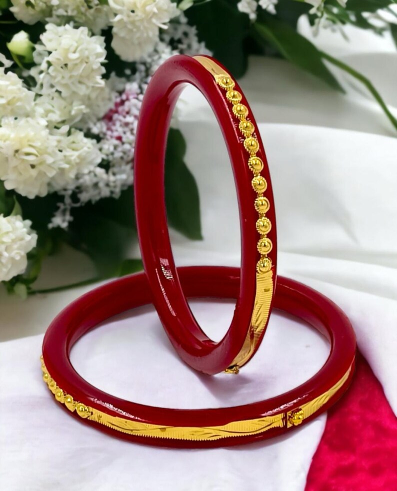 Red White Bengali Gold Binding Bangles, Shakha Pola Bangles, Red White ...