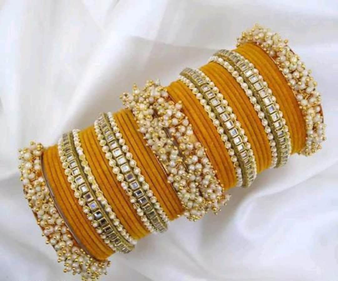 Orange Colour Bridal Gold Metal Bangles Set, Golden Chudiya, Ethnic ...