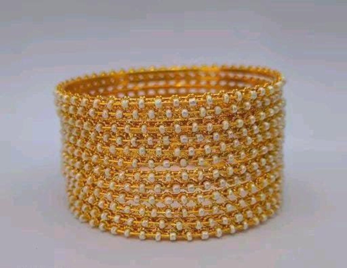 Set of 12 Gold Moti Indian Bangles/ Hand Accessories/ Indian Jewelry/ CZ Antique Bangles/ Cubic ...