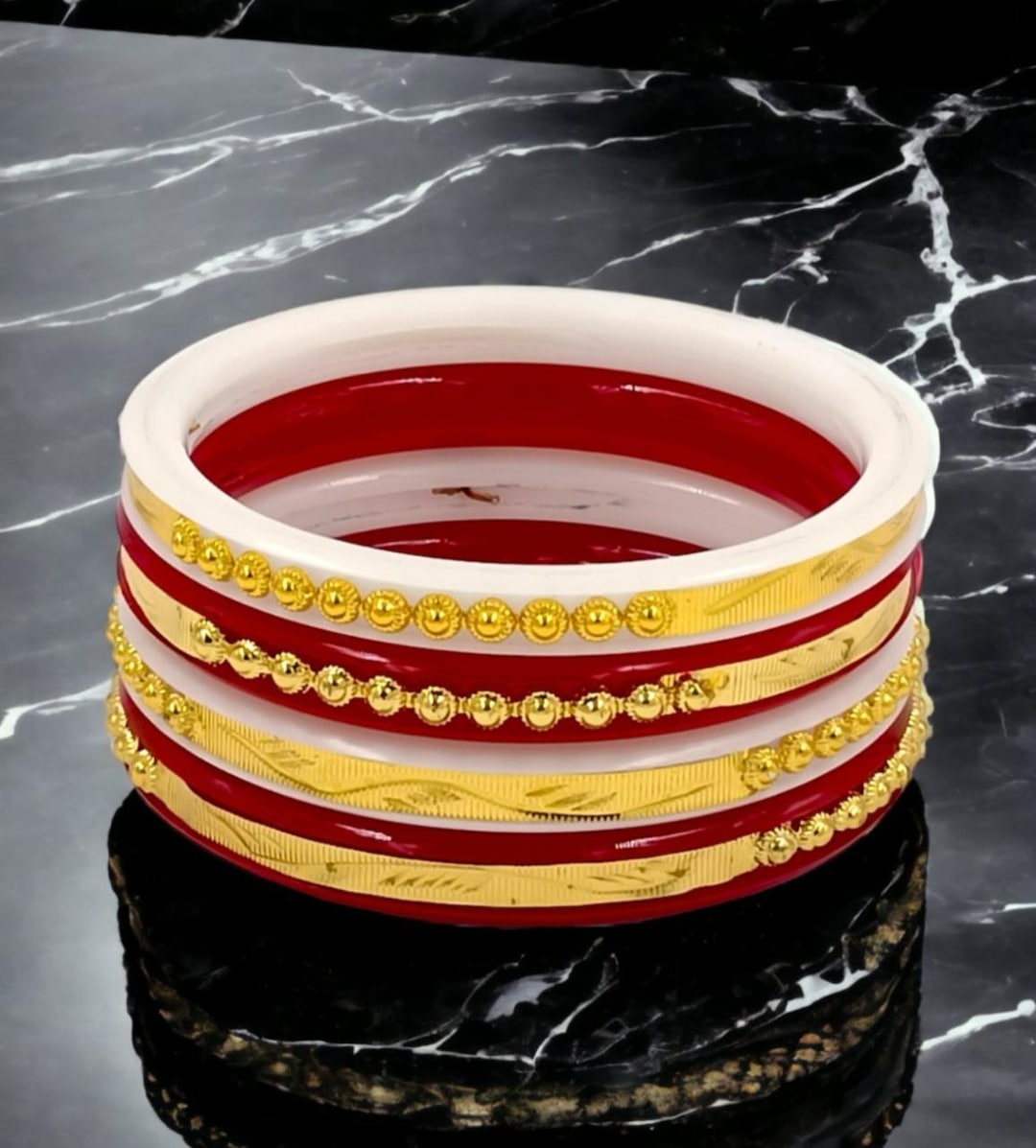 Red White Bengali Gold Binding Bangles, Shakha Pola Bangles, Red White ...