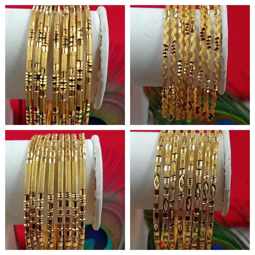 8 Indian Gold Shinning Bangles Set, Tradition Golden Bangles, Wedding ...