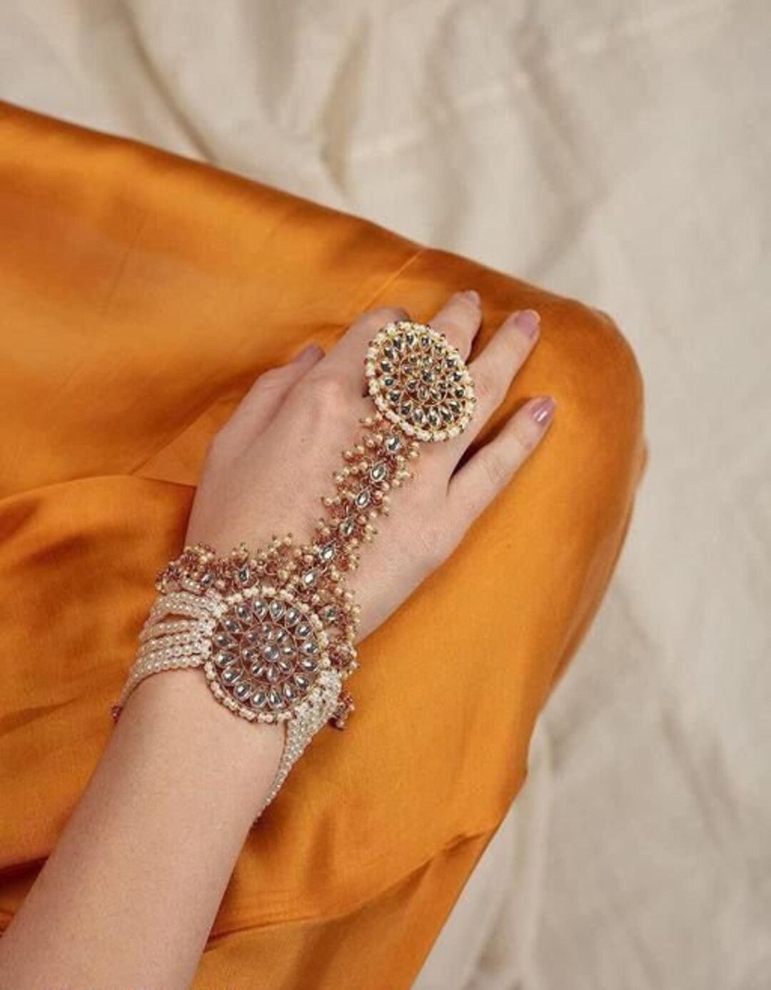 White Kundan Stone & Pearls Hath Phool, Adjustable Bracelet, Panja ...
